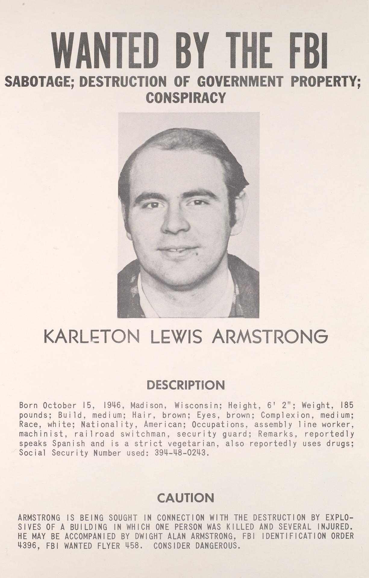 [FBI wanted poster - Karleton Lewis Armstrong] | Objects | George ...